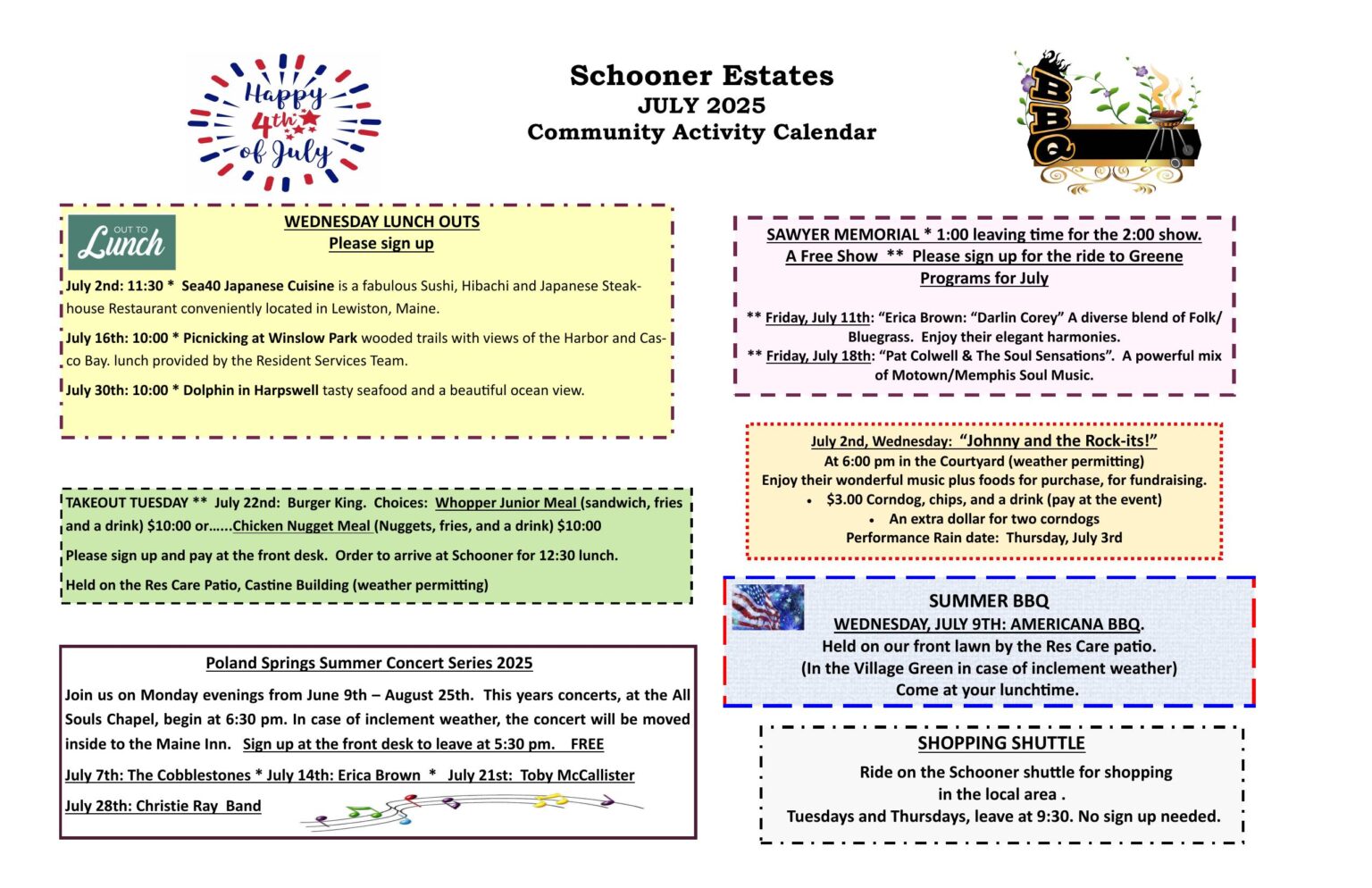 July 2025 Activity Calendar - Schooner Estates — A MaineSail Care Community